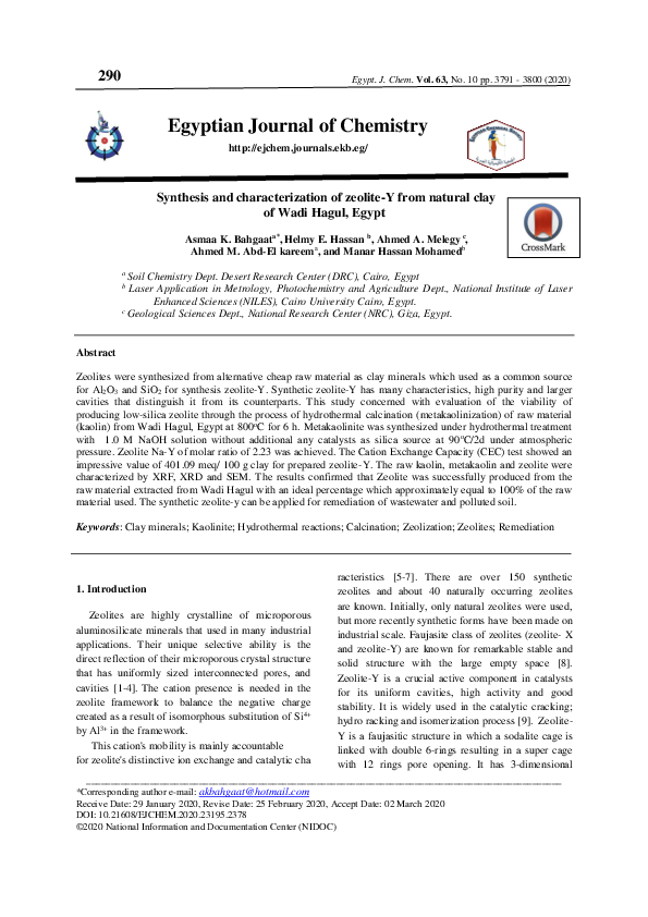 (PDF) Synthesis and Characterization of Zeolite-Y from natural clay of ...