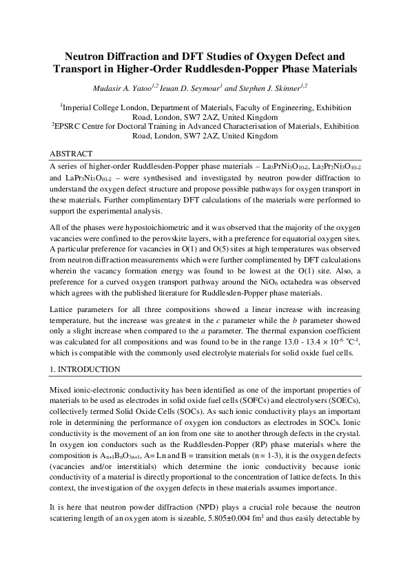 (PDF) Neutron Diffraction and DFT Studies of Oxygen Defect and ...