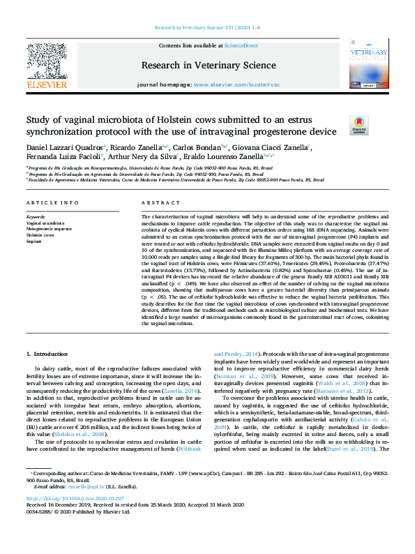 (PDF) Study of vaginal microbiota of Holstein cows submitted to an estrus synchronization ...