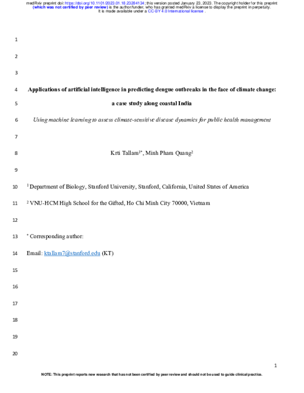 (PDF) Applications of artificial intelligence in predicting dengue outbreaks in the face of ...