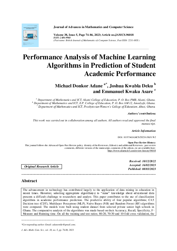 (PDF) Performance Analysis of Machine Learning Algorithms in Prediction of Student Academic ...