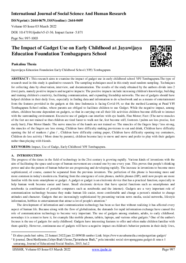 (PDF) The Impact of Gadget Use on Early Childhood at Jayawijaya Education Foundation Tembagapura ...