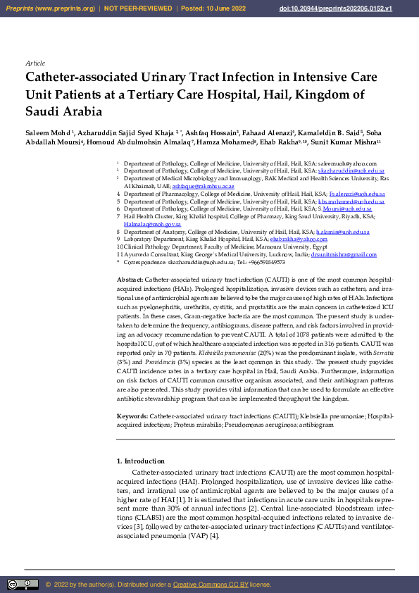 (PDF) Catheter-associated Urinary Tract Infection in Intensive Care Unit Patients at a Tertiary ...