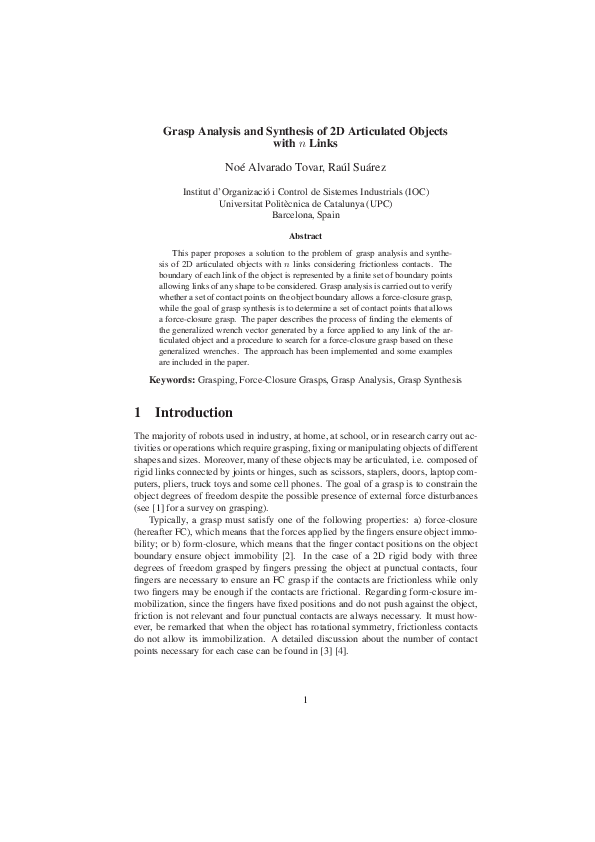 (PDF) Grasp analysis and synthesis of 2D articulated objects with n links