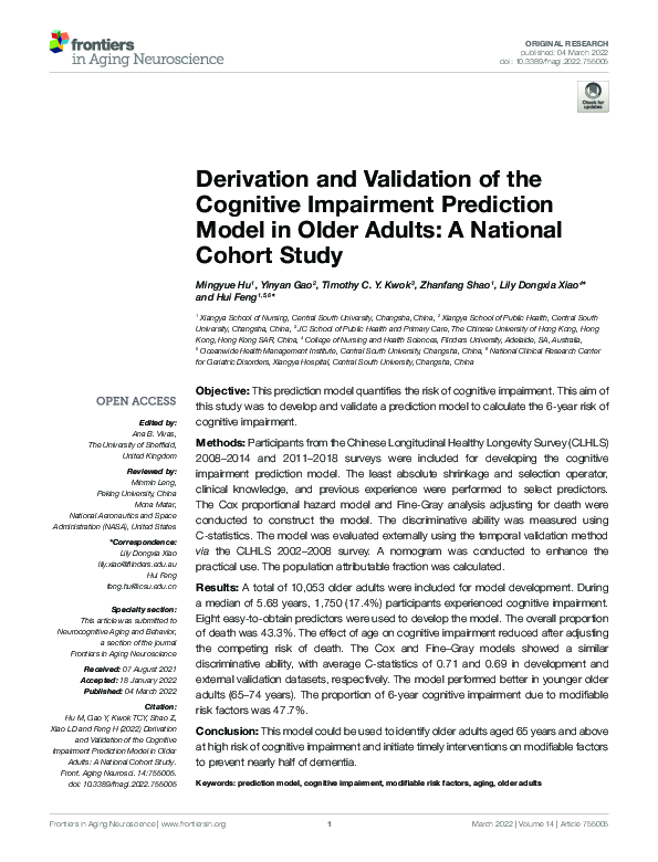 (PDF) Cognitive Impairment Risk Prediction Model in Older Adults