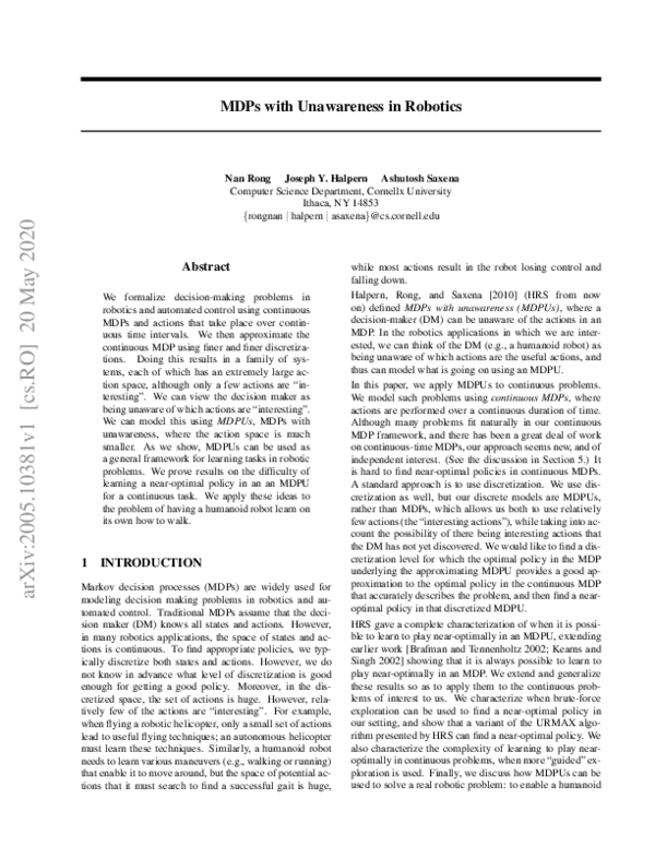 (PDF) MDPs with Unawareness in Robotics