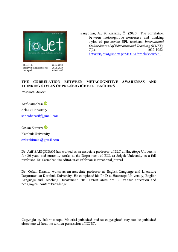 Pdf The Correlation Between Metacognitive Awareness And Thinking Styles Of Pre Service Efl