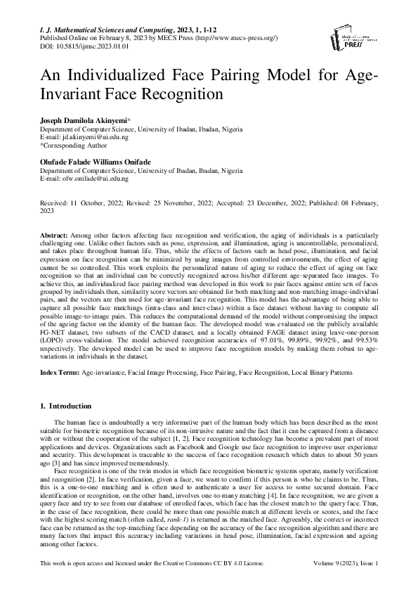 (PDF) An Individualized Face Pairing Model for AgeInvariant Face ...