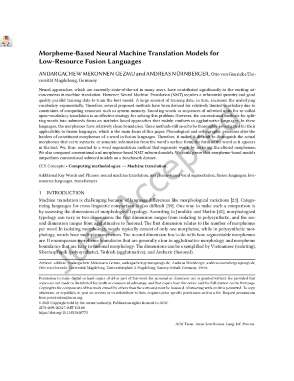 (PDF) Morpheme-Based Neural Machine Translation Models for Low-Resource ...
