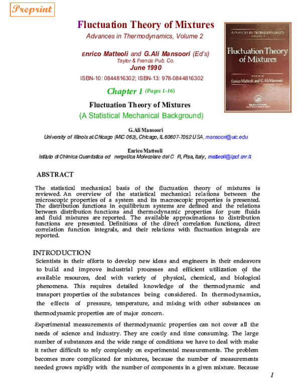 (PDF) Fluctuation Theory of Mixtures (A Statistical Mechanical Background)