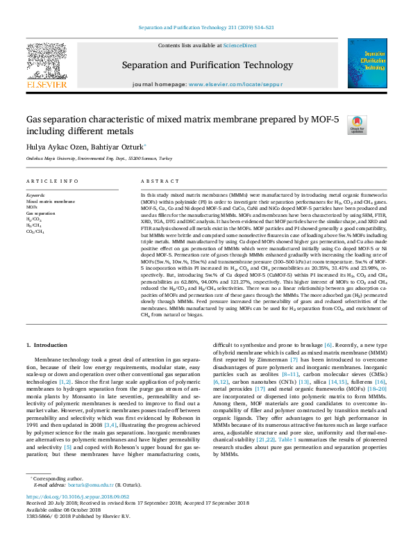 (PDF) Gas separation characteristic of mixed matrix membrane prepared ...