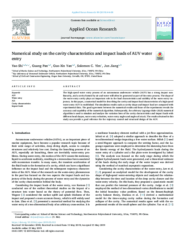 (PDF) Numerical study on the cavity characteristics and impact loads of AUV water entry