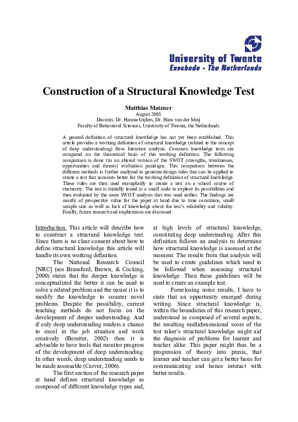 (PDF) Construction of a Structural Knowledge Test | Matthias Matzner ...