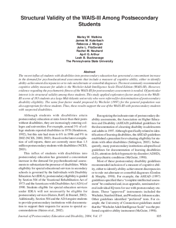 (PDF) Structural Validity of the WAIS-III Among Postsecondary Students ...