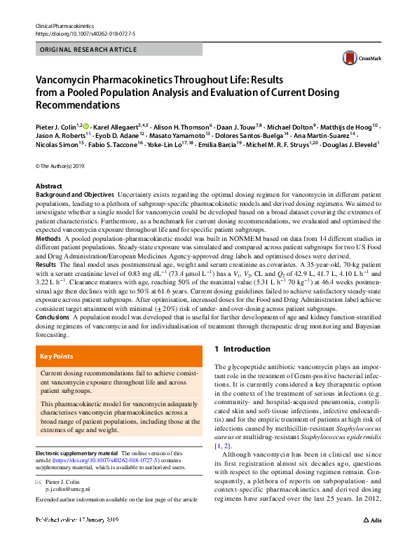 (PDF) Vancomycin Pharmacokinetics Throughout Life: Results from a Pooled Population Analysis and ...