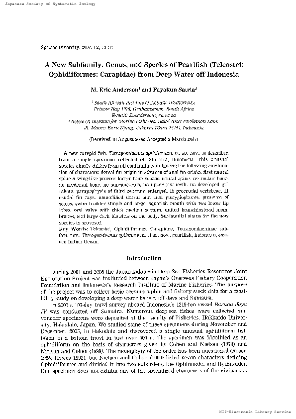 (PDF) A New Subfamily, Genus, and Species of Pearlfish (Teleostei ...