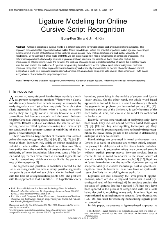 Pdf Ligature Modeling For Online Cursive Script Recognition Jin Hyung Kim