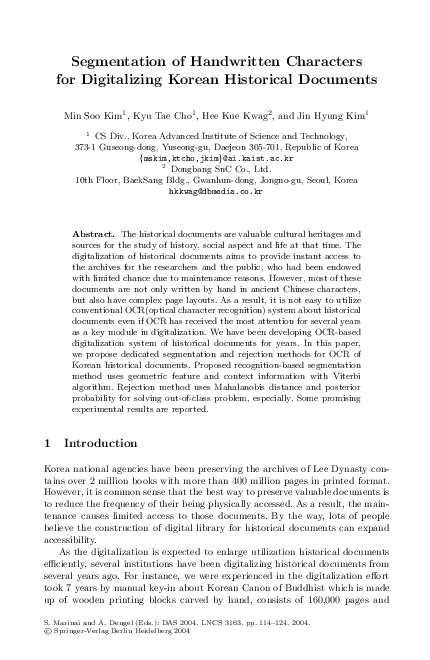 (PDF) Segmentation of Handwritten Characters for Digitalizing Korean Historical Documents