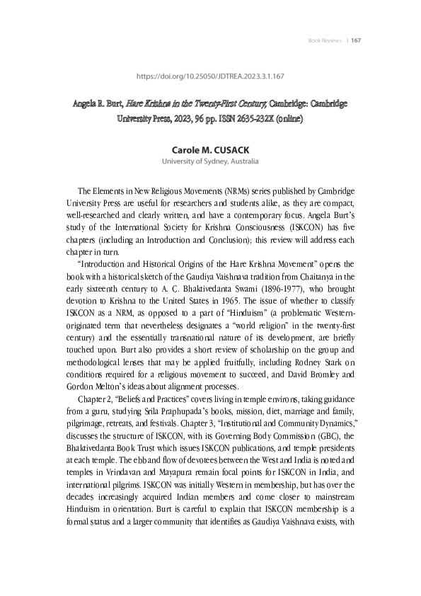 (PDF) Review of Angela R. Burt, Hare Krishna in the Twenty-First Century