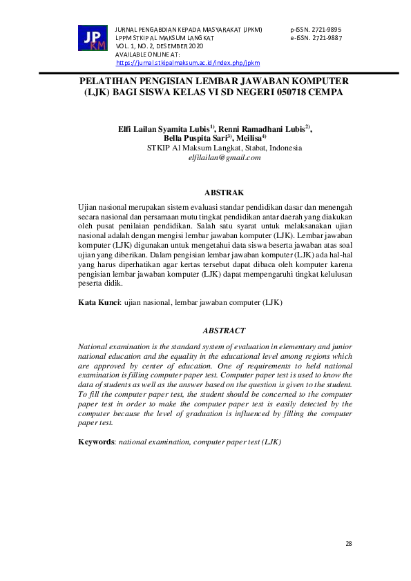 (PDF) Pelatihan Pengisian Lembar Jawaban Komputer (LJK) Bagi Siswa Kelas VI SD Negeri 050718 ...