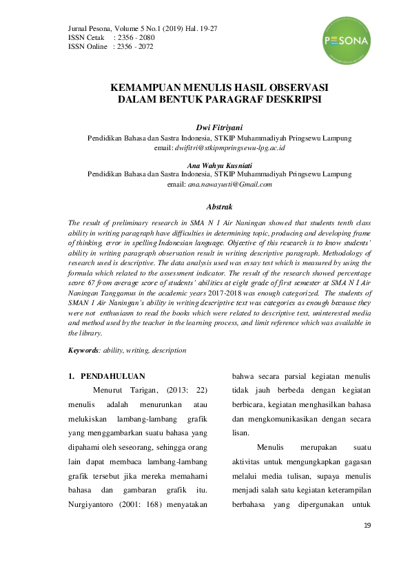 (PDF) Kemampuan Menulis Hasil Observasi Dalam Bentuk Paragraf Deskripsi