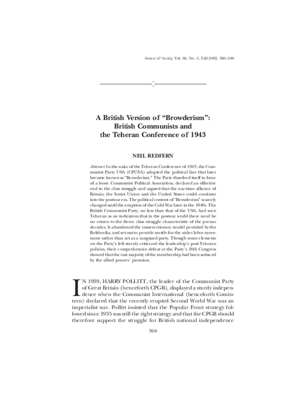 (PDF) A British Version of “Browderism”: British Communists and the ...