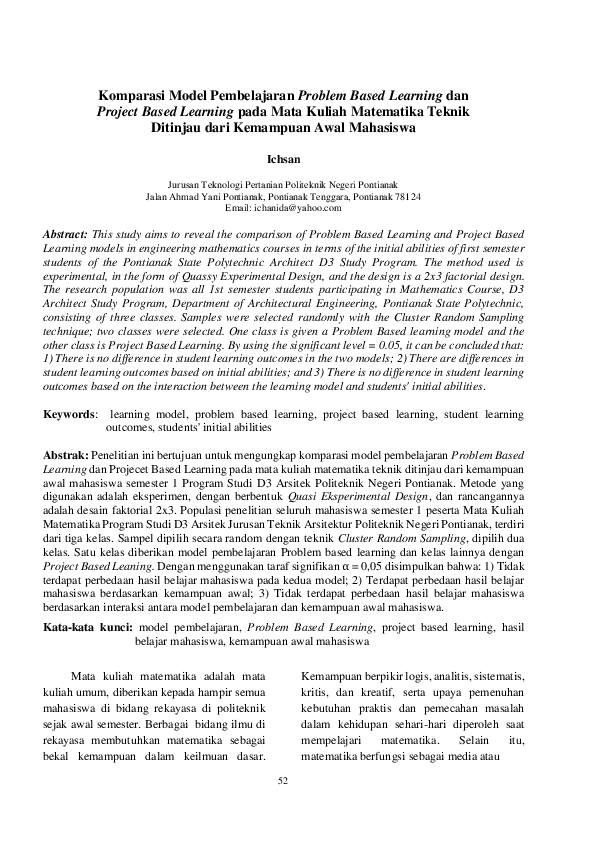 (PDF) Komparasi Model Pembelajaran Problem Based Learning dan Project Based Learning pada Mata ...