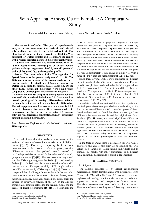 (PDF) Wits Appraisal Among Qatari Females: A Comparative Study