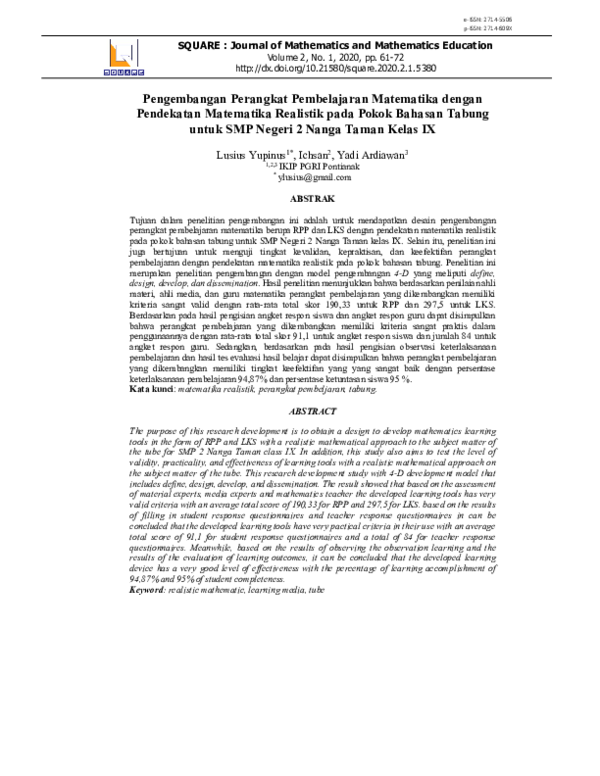 (PDF) Pengembangan Perangkat Pembelajaran Matematika dengan Pendekatan Matematika Realistik pada ...