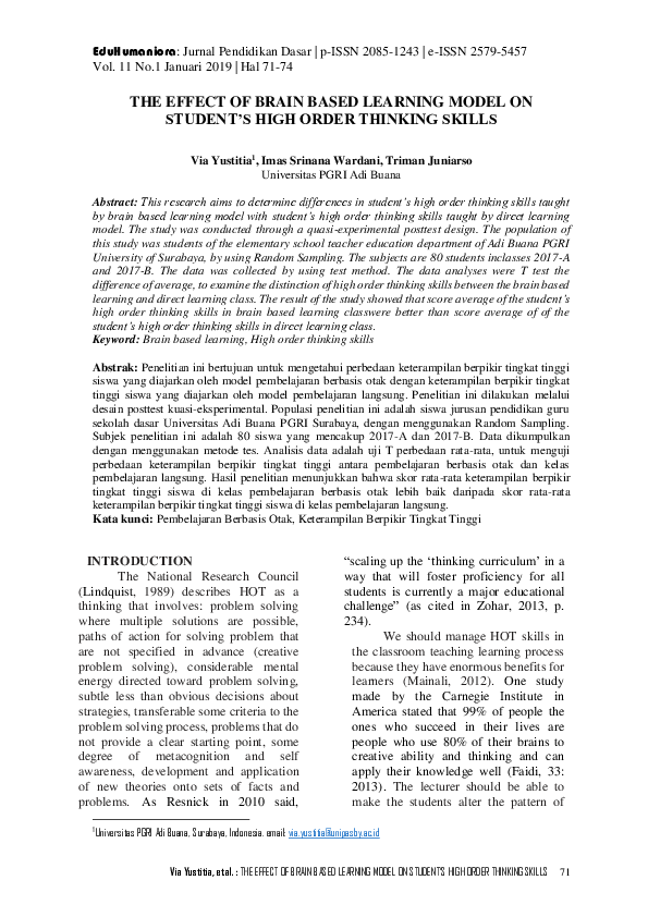 (PDF) The Effect of Brain Based Learning Model on Student’s High Order ...
