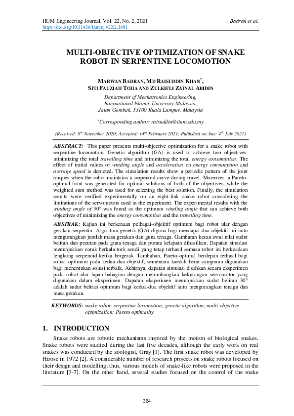 (PDF) Multi-Objective Optimization of Snake Robot in Serpentine Locomotion
