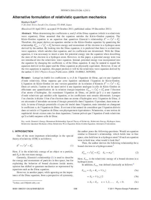 (PDF) Alternative formulation of relativistic quantum mechanics