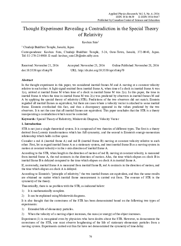 (PDF) Thought Experiment Revealing a Contradiction in the Special ...