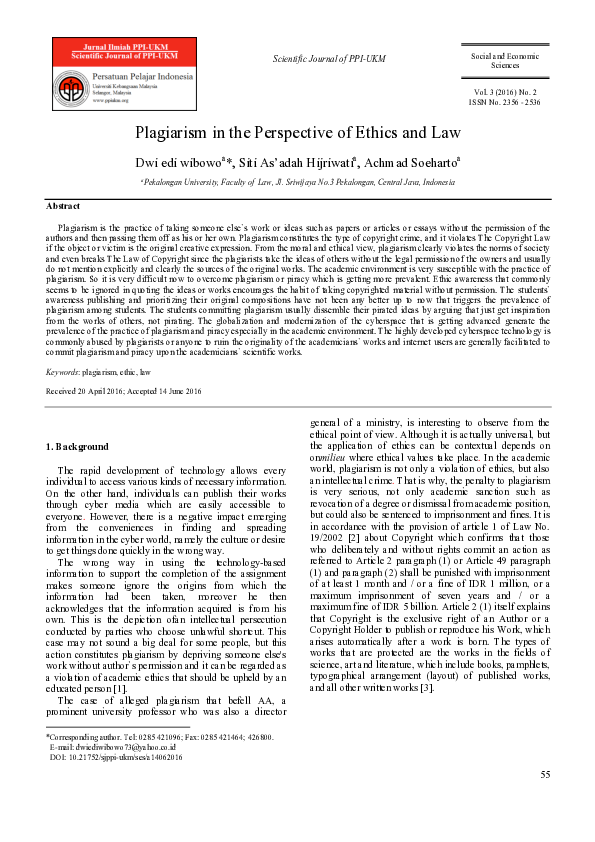 (PDF) Plagiarism in the Perspective of Ethics and Law