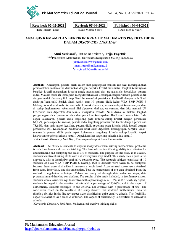 (PDF) Analisis Kemampuan Berpikir Kreatif Matematis Peserta Didik Dalam Discovery Link Map ...