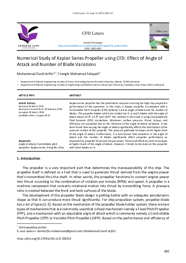 (PDF) Numerical Study of Kaplan Series Propeller using CFD: Effect of Angle of Attack and Number ...