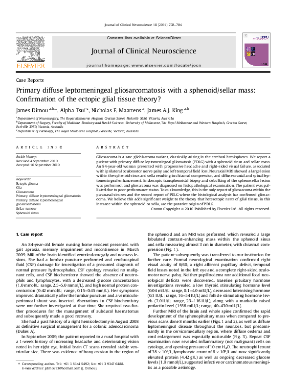 (PDF) Primary diffuse leptomeningeal gliosarcomatosis with a sphenoid ...