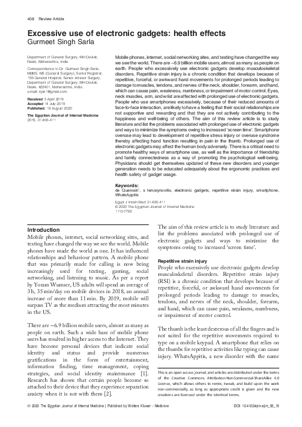 (PDF) Excessive use of electronic gadgets: health effects