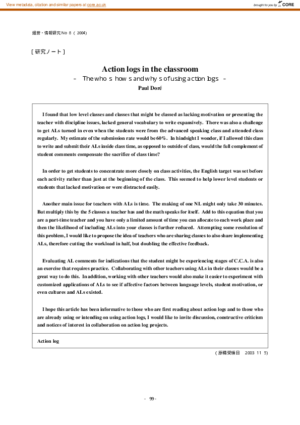 (PDF) Action logs in the classroom : The who's, how's and why's of ...