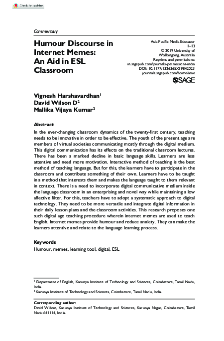 (PDF) Humour Discourse in Internet Memes: An Aid in ESL Classrooms