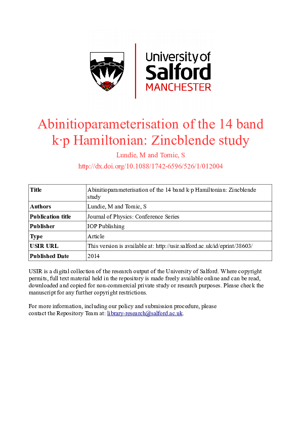 (PDF) Ab initio parameterisation of the 14 band k·p Hamiltonian: Zincblende study