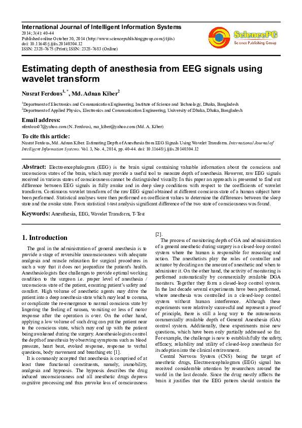 (PDF) Estimating Depth of Anesthesia from EEG Signals Using Wavelet Transform