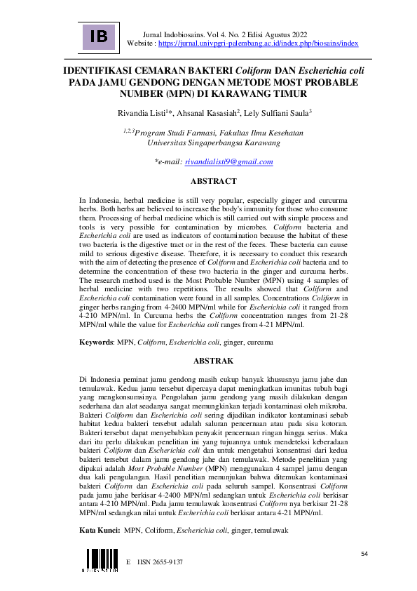 (PDF) Identifikasi Cemaran Bakteri Coliform dan Escherichia coli Pada ...