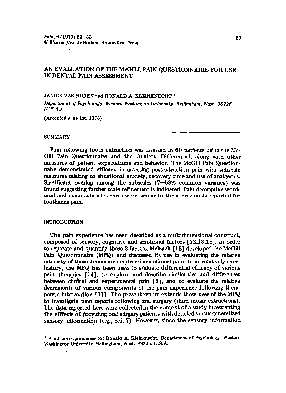 (PDF) An evaluation of the McGill pain questionnaire for use in dental ...