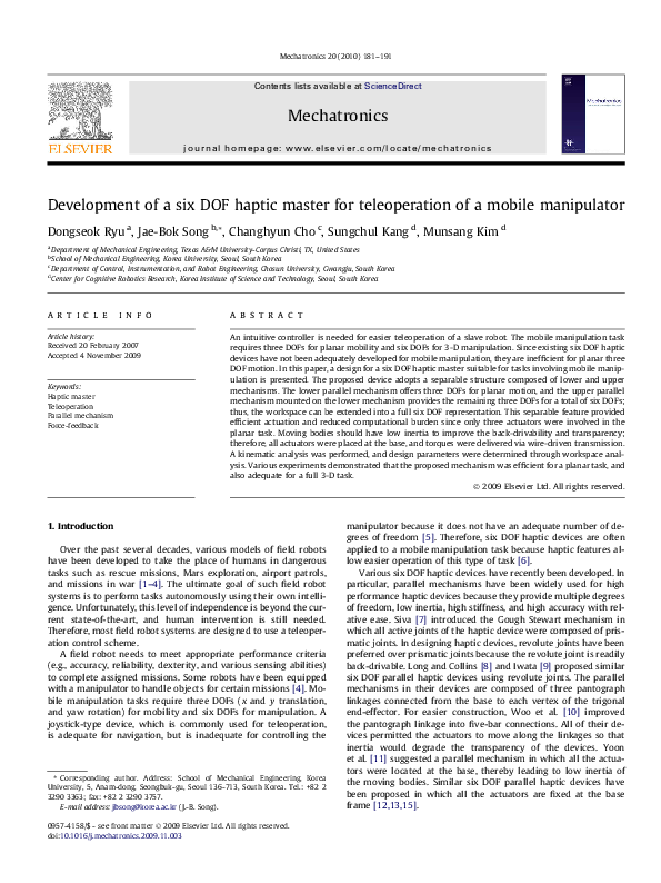 (PDF) Development of a six DOF haptic master for teleoperation of a ...