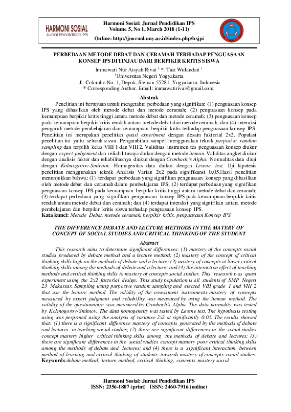 (PDF) Perbedaan metode debat dan ceramah terhadap penguasaan konsep IPS ditinjau dari berpikir ...