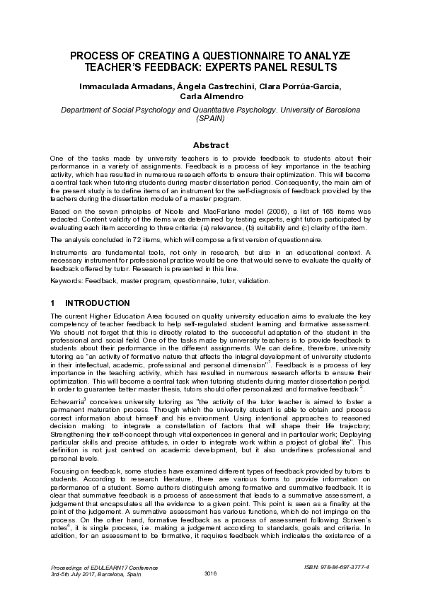 (PDF) Process of Creating a Questionnaire to Analyze Teacher’s Feedback ...