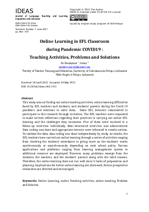 (PDF) Online Learning in EFL Classroom during Pandemic COVID19 ...