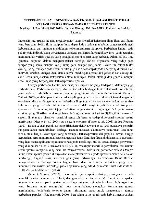 (PDF) Interdisiplin Ilmu Genetika Dan Ekologi Dalam Identifikasi ...