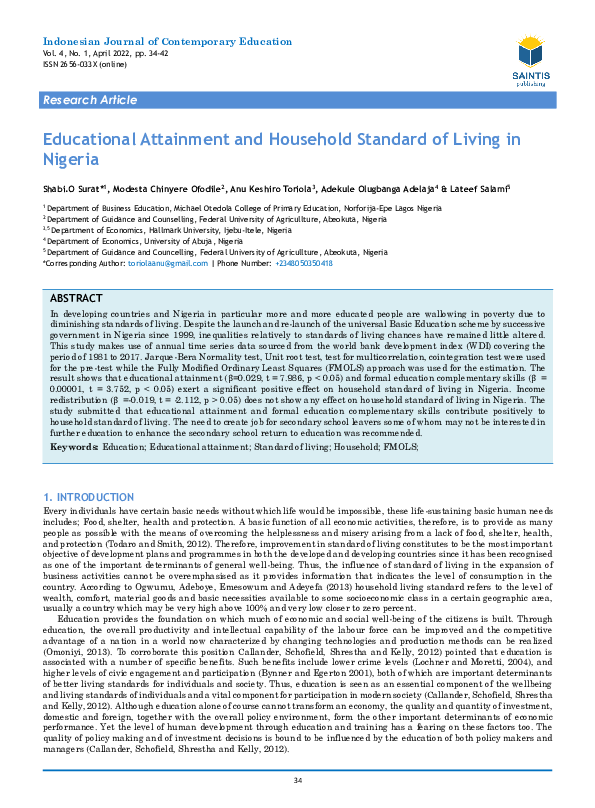 (PDF) Educational Attainment and Household Standard of Living in Nigeria